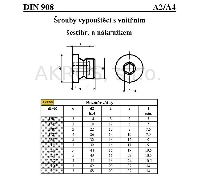 vypouštěcí šroub 1/8",(imbus),DIN 908/A2 | AKROS b2c